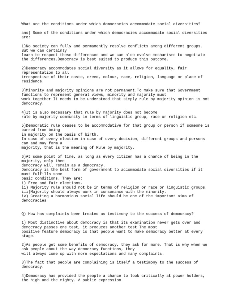Class 10 Outcomes of Democracy IMP QA | PDF | Democracy | Political ...