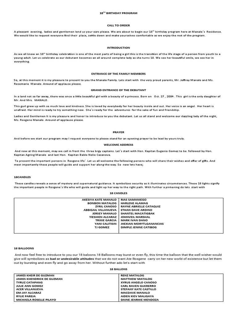 18TH Birthday Program | PDF | Birthdays | Emotions