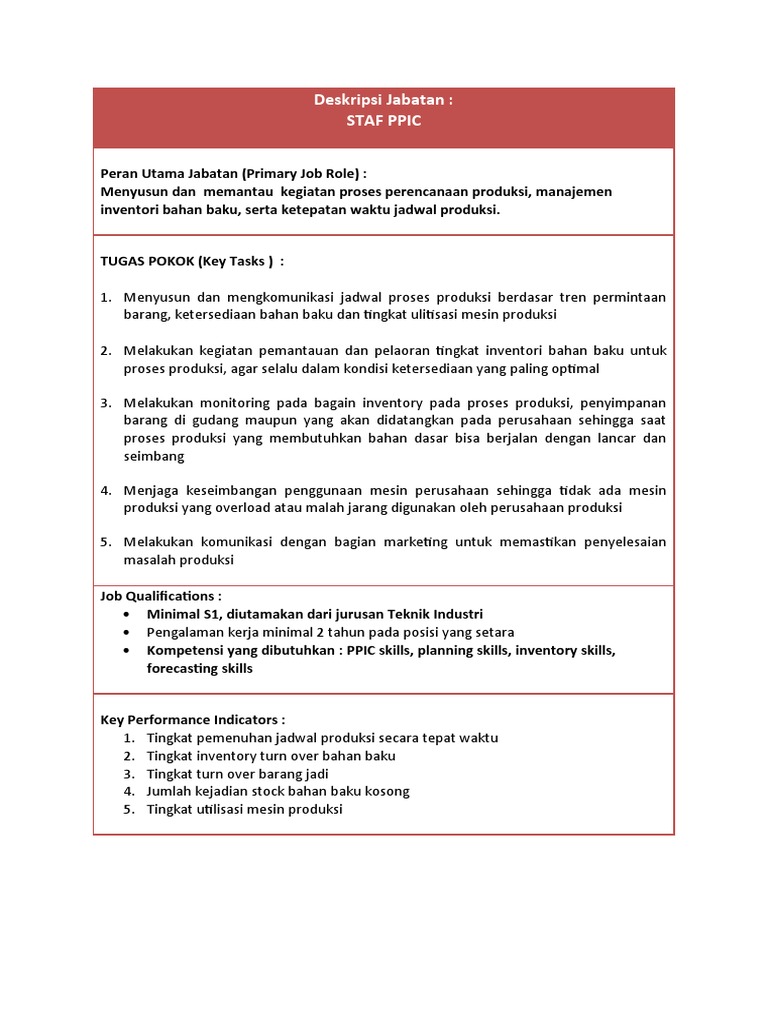 Jobdes Produksi - Staf PPIC | PDF | Bisnis | Pengelolaan Keuangan & Uang
