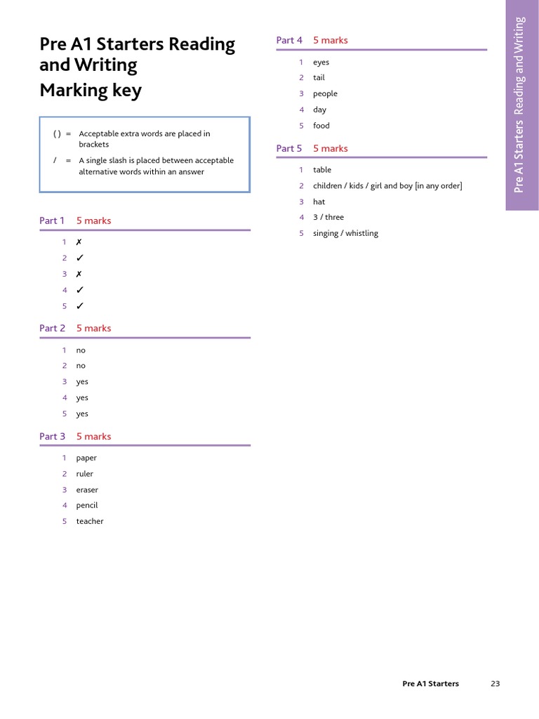 Sample Test - Starters - Reading and Writing (Key) | PDF