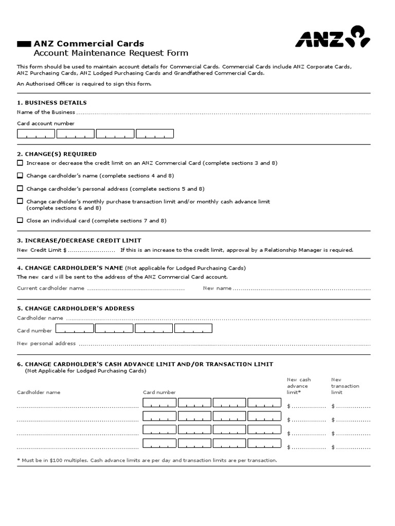 ANZ Commercial Cards Maintenance Form | PDF | Credit Card | Economies