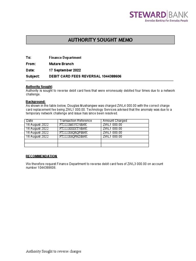 Memo For Bank Charge Reversal - Douglas Mushangwe | PDF