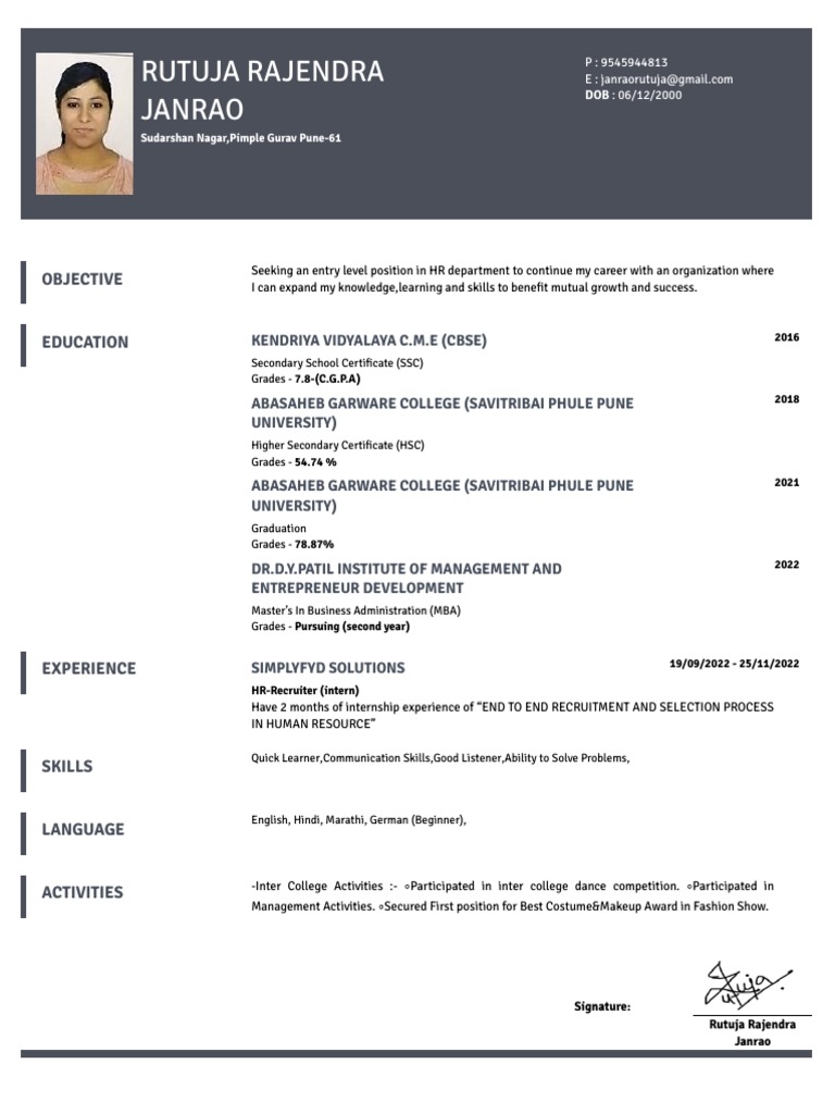 Rutuja Resume | PDF | Behavior Modification | Cognitive Science