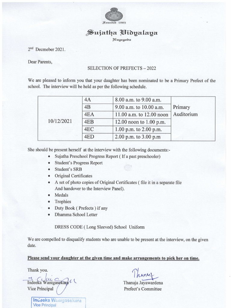 Prefect Selection Interview Notice 2022 | PDF