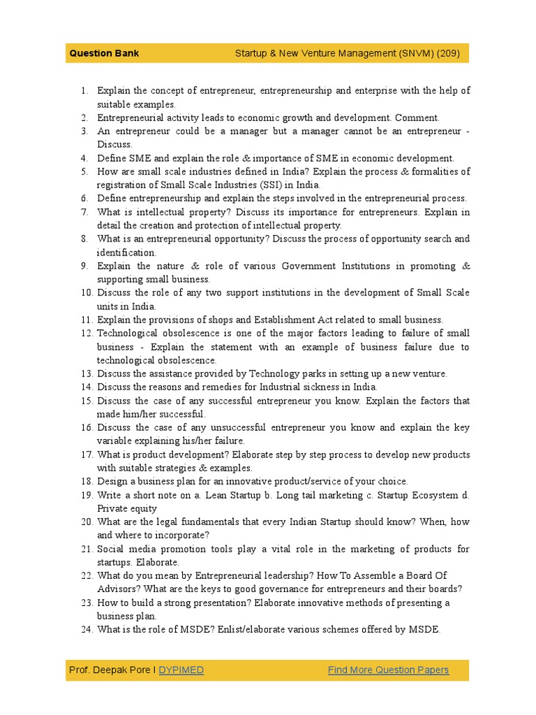 SNVM QB | PDF | Entrepreneurship | Startup Company