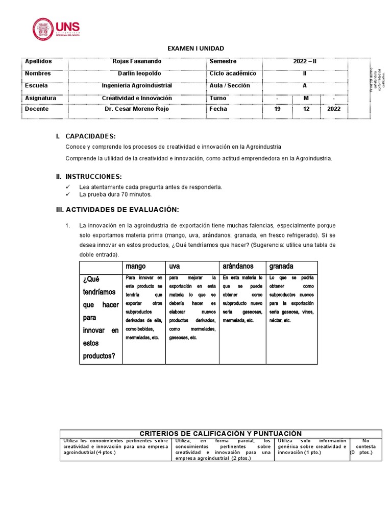 Examen de Creatividad e Innovación | PDF | Prueba (evaluación ...