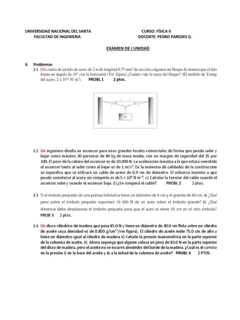 PROBLEMAS Exam de I Unidad | PDF | Ascensor | Presión