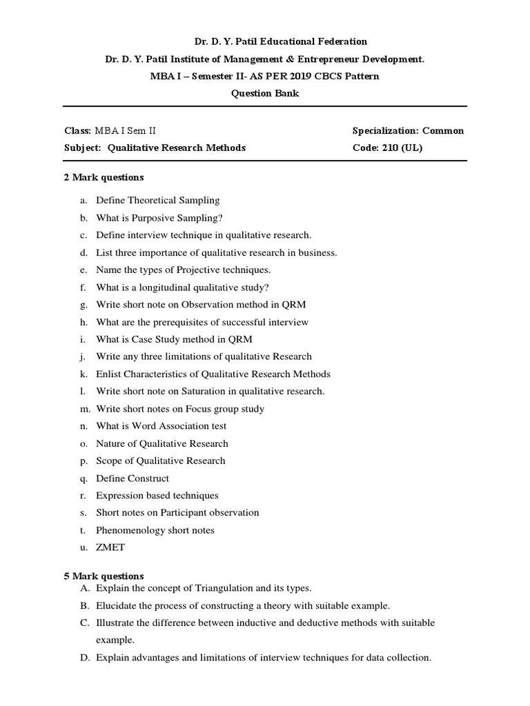 Question Bank QRM | PDF | Qualitative Research | Focus Group