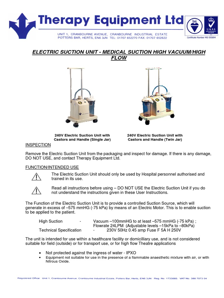 Therapy User Instructions ELECTRIC SUCTION UNIT | PDF | Pump | Vacuum
