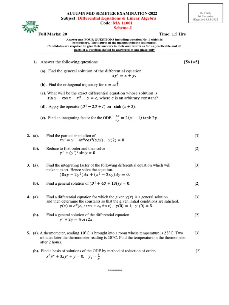 KIIT 1st Sem Differential Equations Exam | PDF | Ordinary Differential Equation | Equations