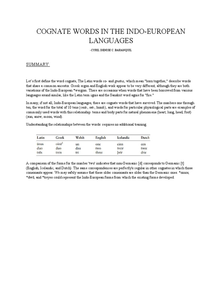Cognate Words in The Indo - Europian Languages | PDF | Foreign Language ...