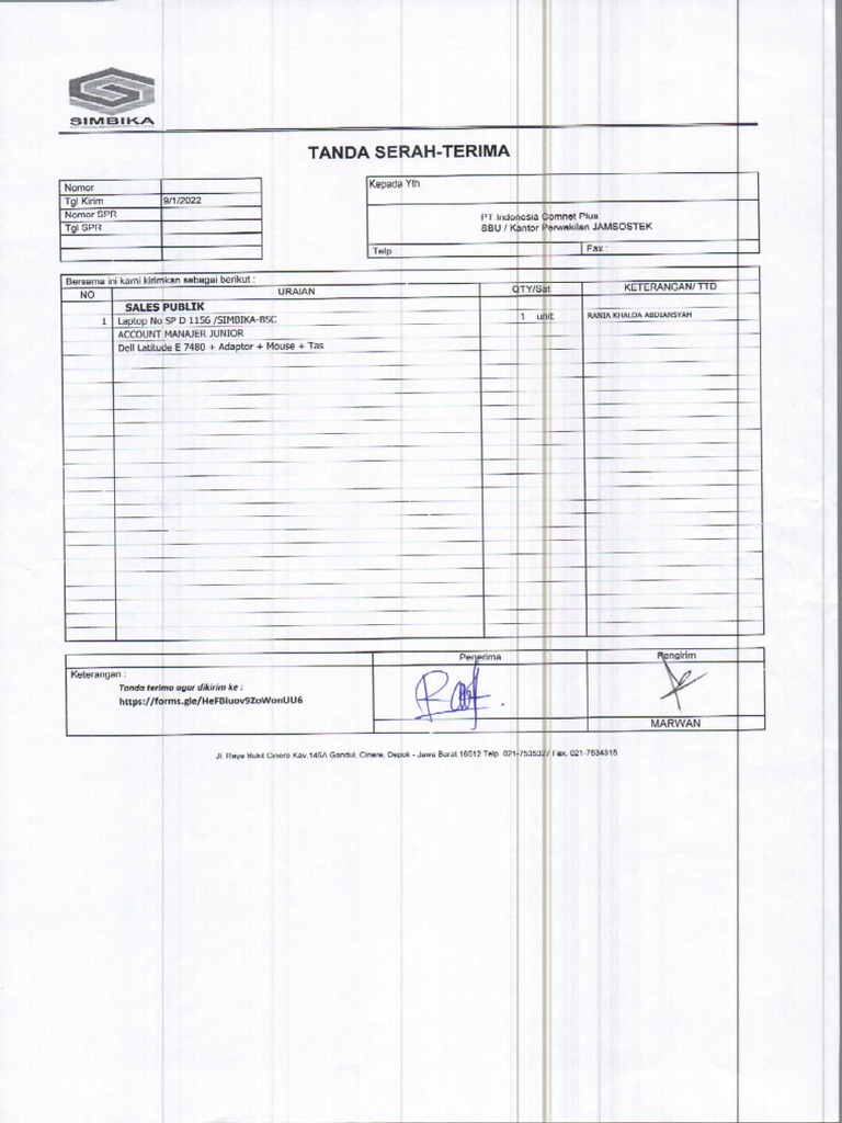 Tanda Terima Laptop Rania Khalda Abdiansyah | PDF