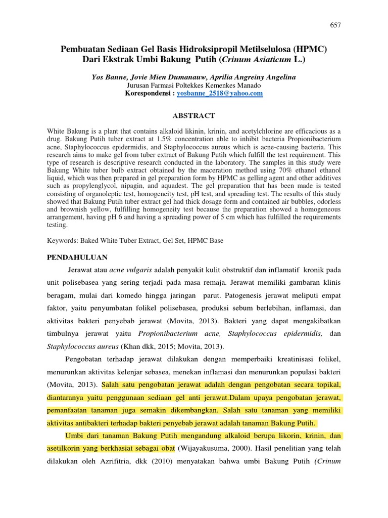 Sediaan Gel Basis HPMC Dari Ekstrak Umbi Bakung Sebagai Antiacne | PDF