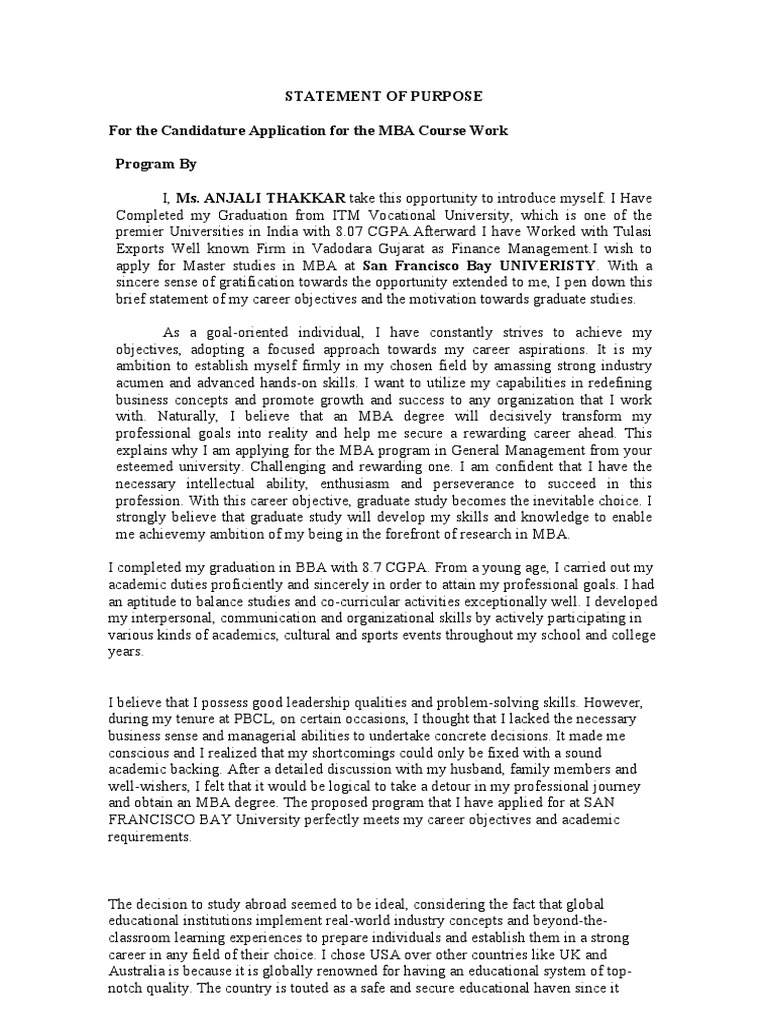 Anjali Thakkar - SOP USA F1 | PDF | Master Of Business Administration ...