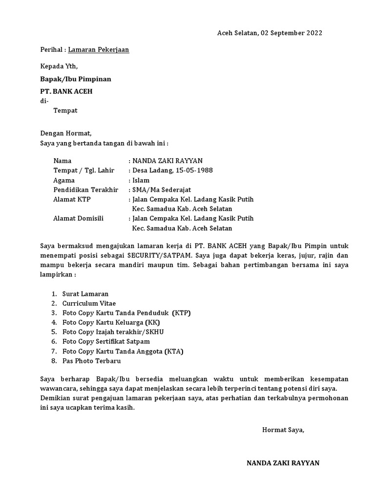 Lamaran Pekerjaan sebagai Security/Satpam di PT. Bank Aceh | PDF