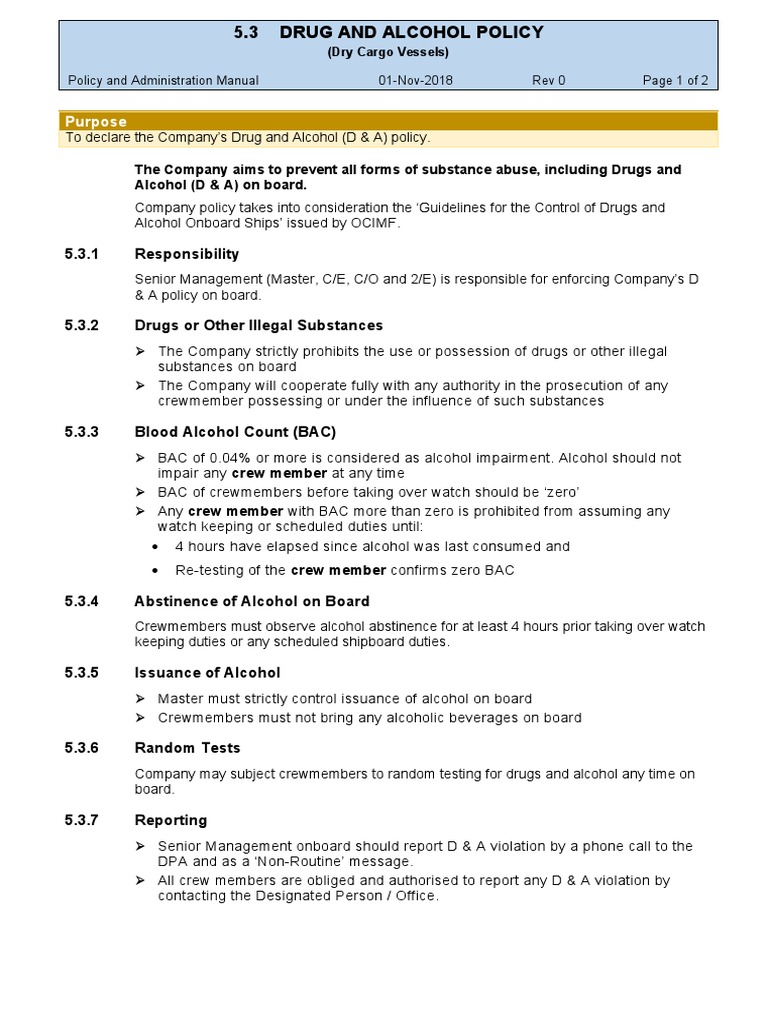 Drug and Alcohol Policy (Dry Cargo Vessels) | PDF | Driving Under The Influence | Alcohol