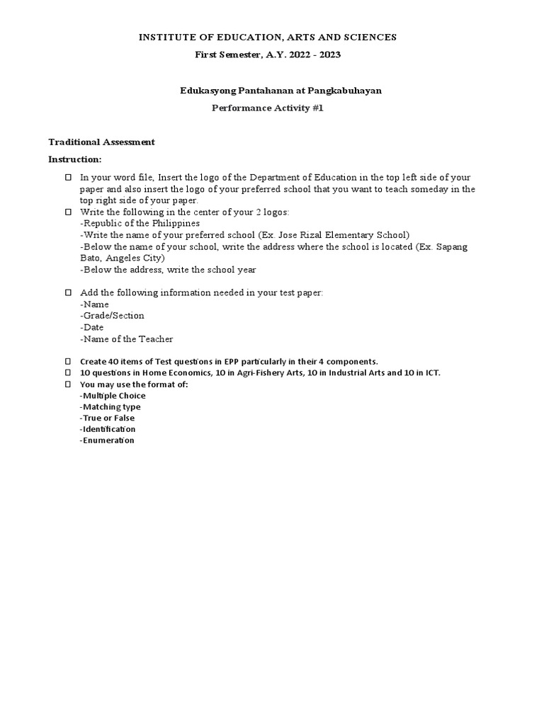 EPP Performance Activity 1 | PDF