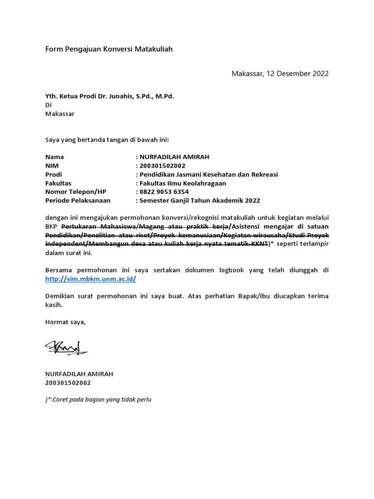 Format - Pengajuan - Konversi - Mahasiswa Nurfadilah Amirah | PDF