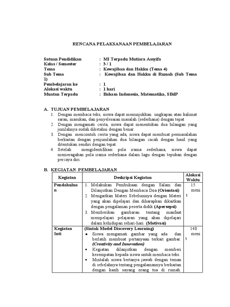 RPP KLS 3 Tema 4 Subtema 1 | PDF