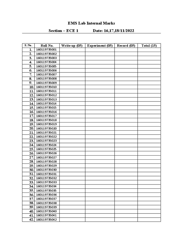 ECE 1 EMS Lab Marks Nov 2022 | PDF