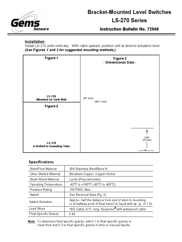 Gems LS-270 Series Single-Station Level Switch Instruction Bulletin ...