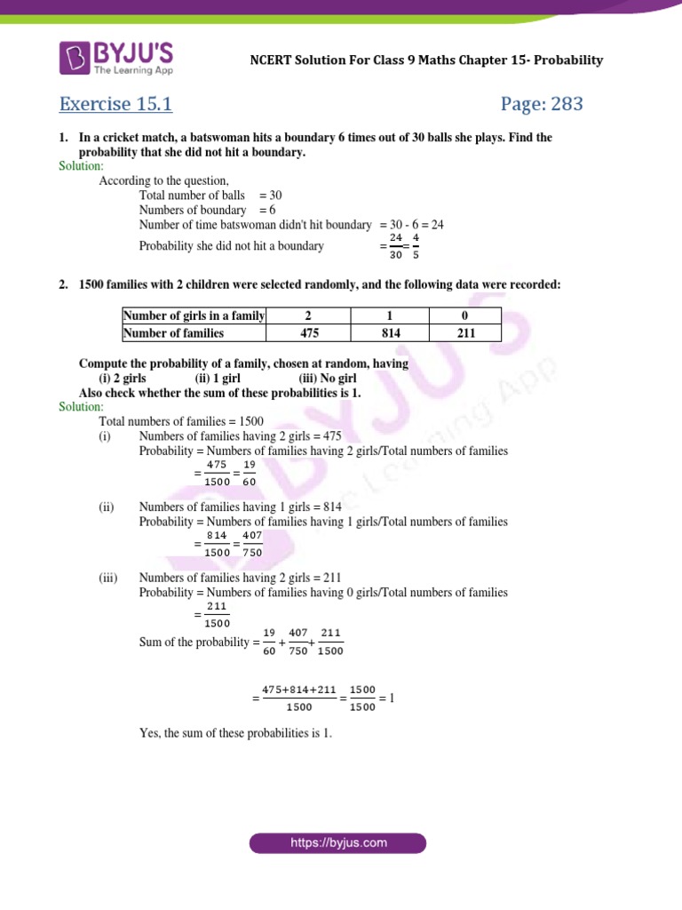 NCERT Solution For Cbse Class 9 Maths Chapter 15 Probability | PDF | Statistics | Science