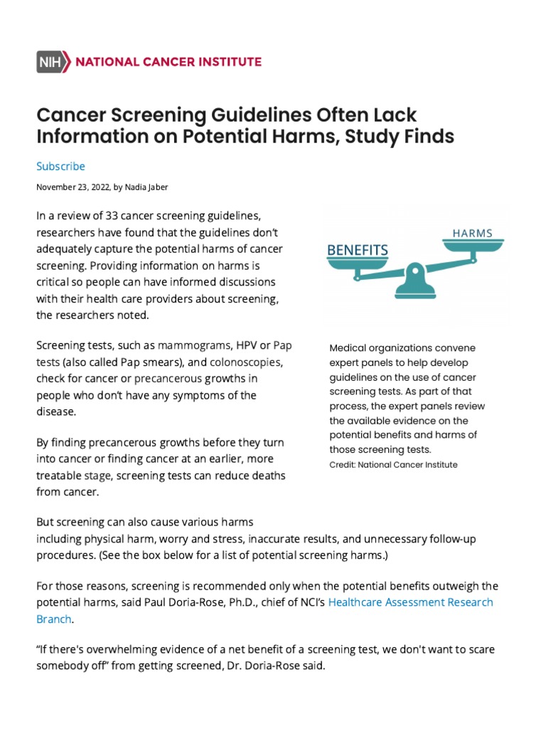 Cancer Screening Guidelines Lack Information On Harms - NCI | PDF ...