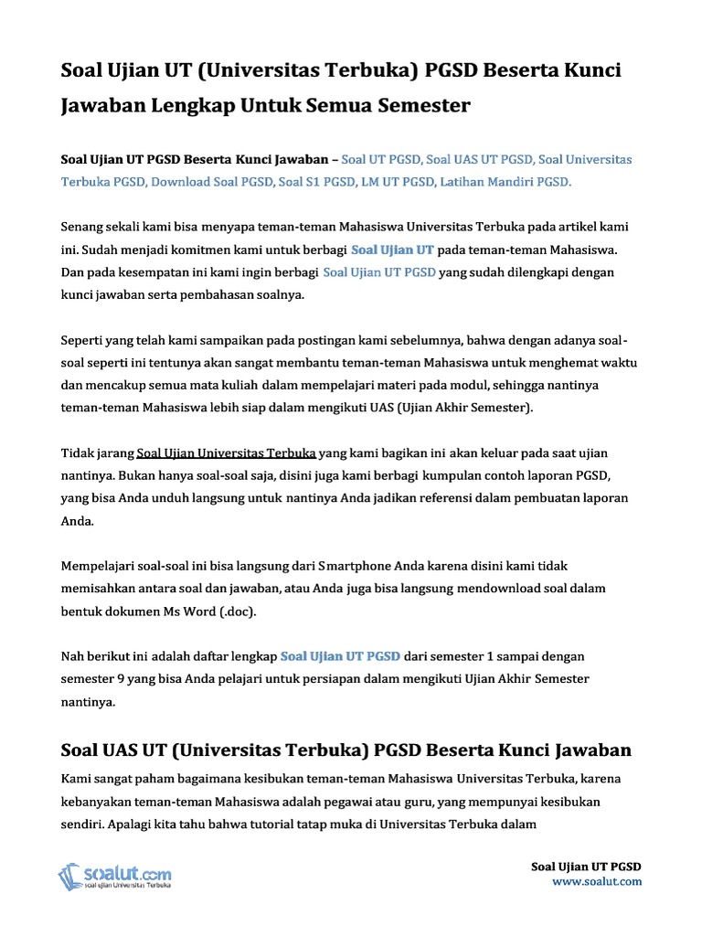 Soal Ujian Ut Universitas Terbuka PGSD Beserta Kunci Jawaban | PDF
