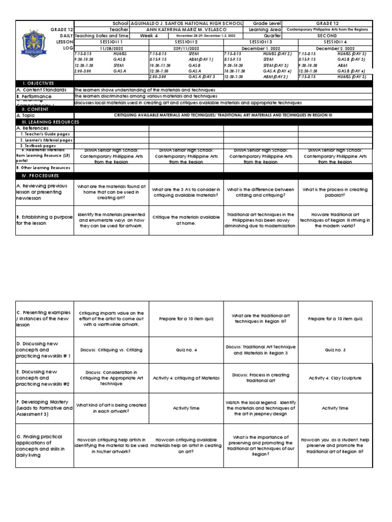 Grade 12 Daily Lesson LOG School Aguinaldo J. Santos National High ...