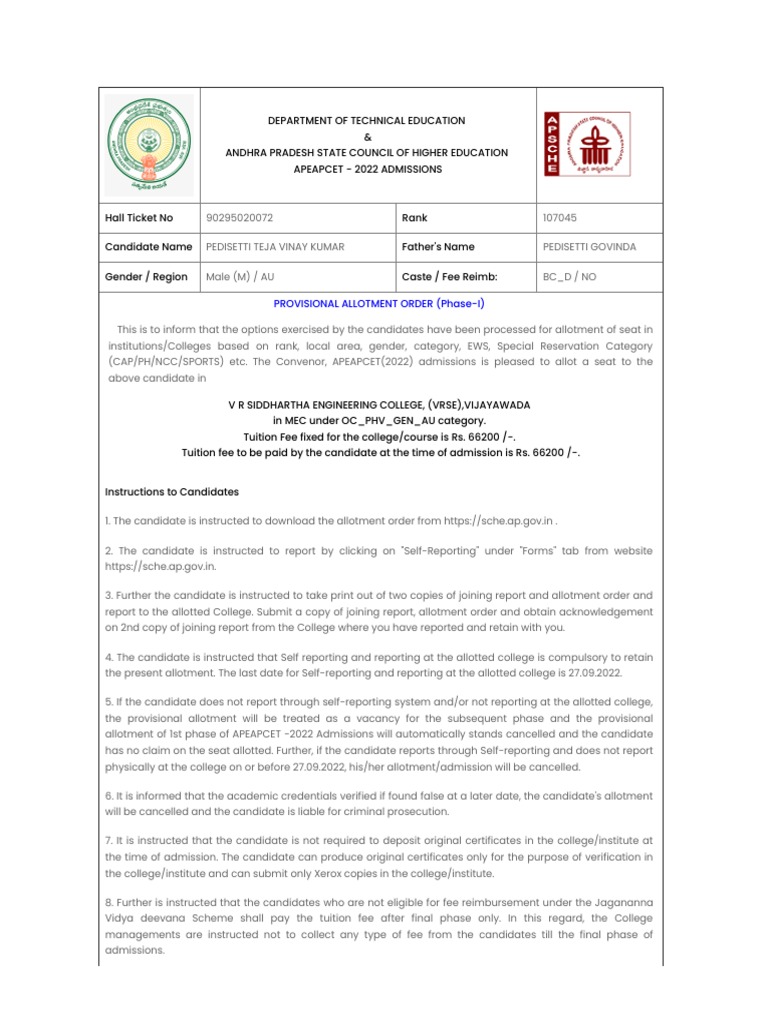 APEAPCET 2022 provisional allotment order | PDF | Government