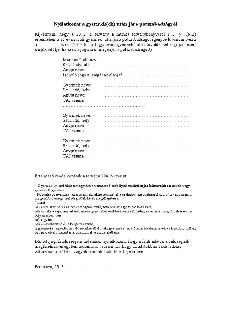Gyermekek Utáni Pótszabadság Igénylő Nyilatkozat Évszám Nélküli | PDF