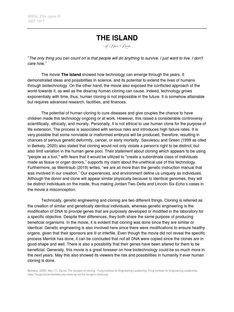 The Island Movie Review | PDF | Cloning | Genetic Engineering