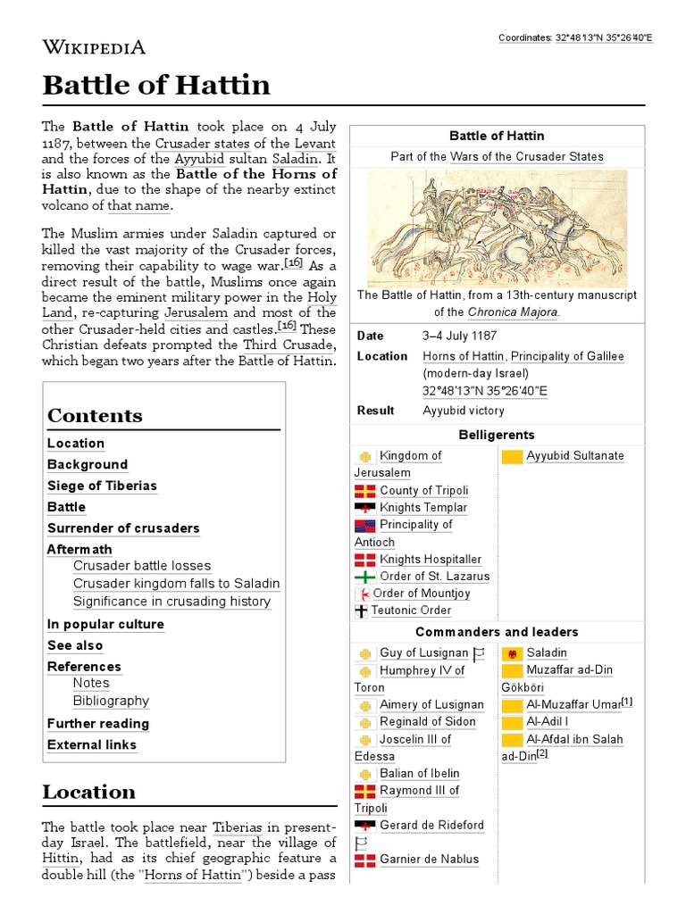 Battle of Hattin - Wikipedia | PDF | Catholicism And Islam | Warfare Of ...
