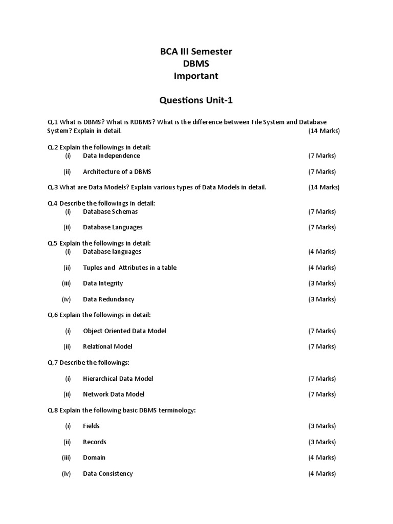 DBMS Exam Questions for BCA III | PDF | Relational Database | Databases