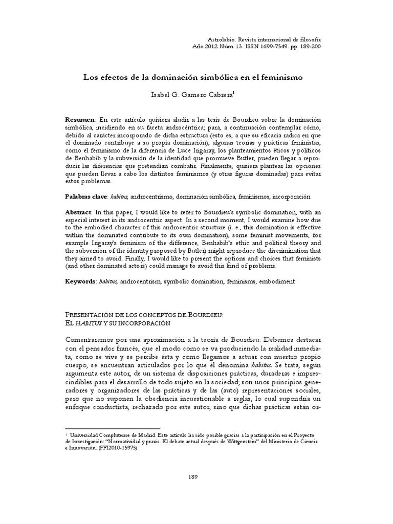 Isabel Gamero. Feminismos y Formas Simbólicas, Sobre Bourdieu | PDF | Mujer | Sociedad