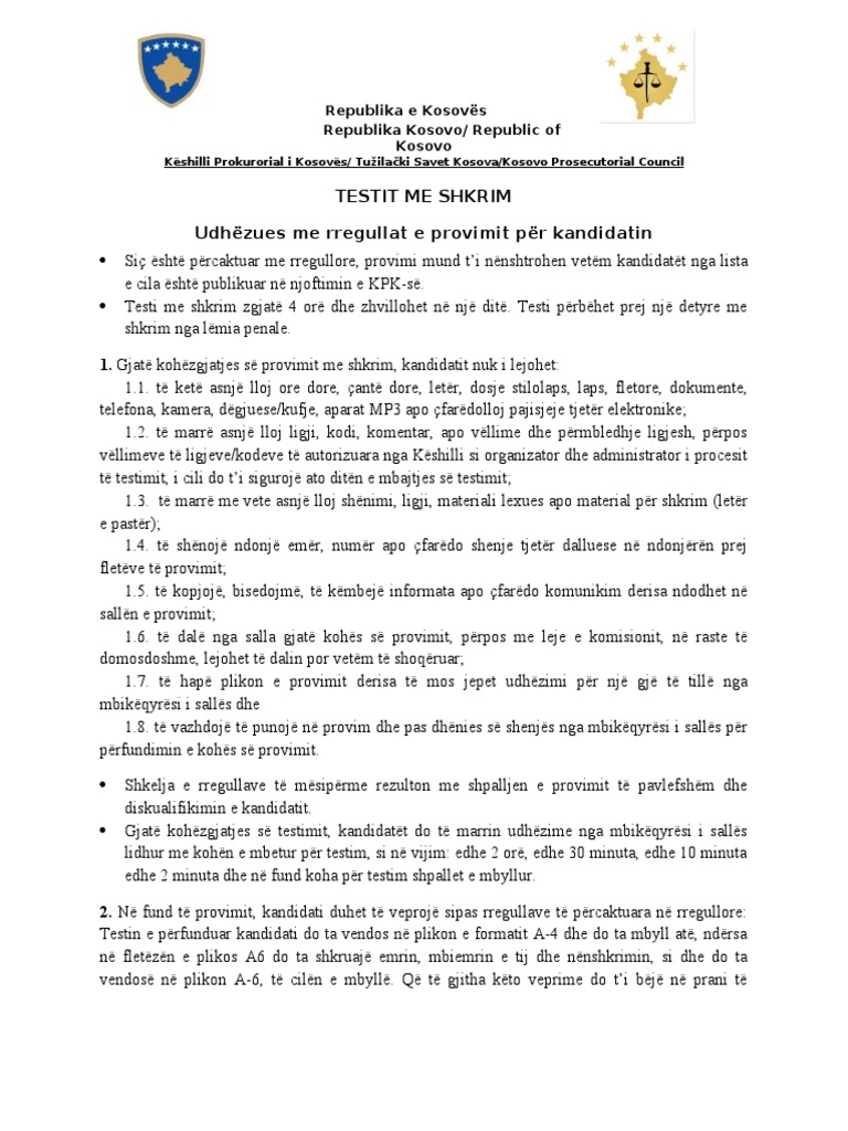 Udhëzues Me Rregullat e Testit Me Shkrim Për Kandidatët Për Prokurorë ...