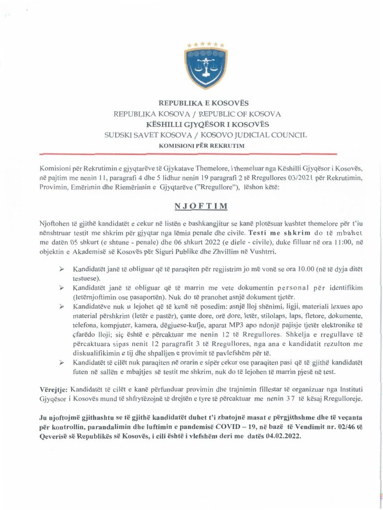 Njoftim Testi Me Shkrim Penale Civile 2022 | PDF