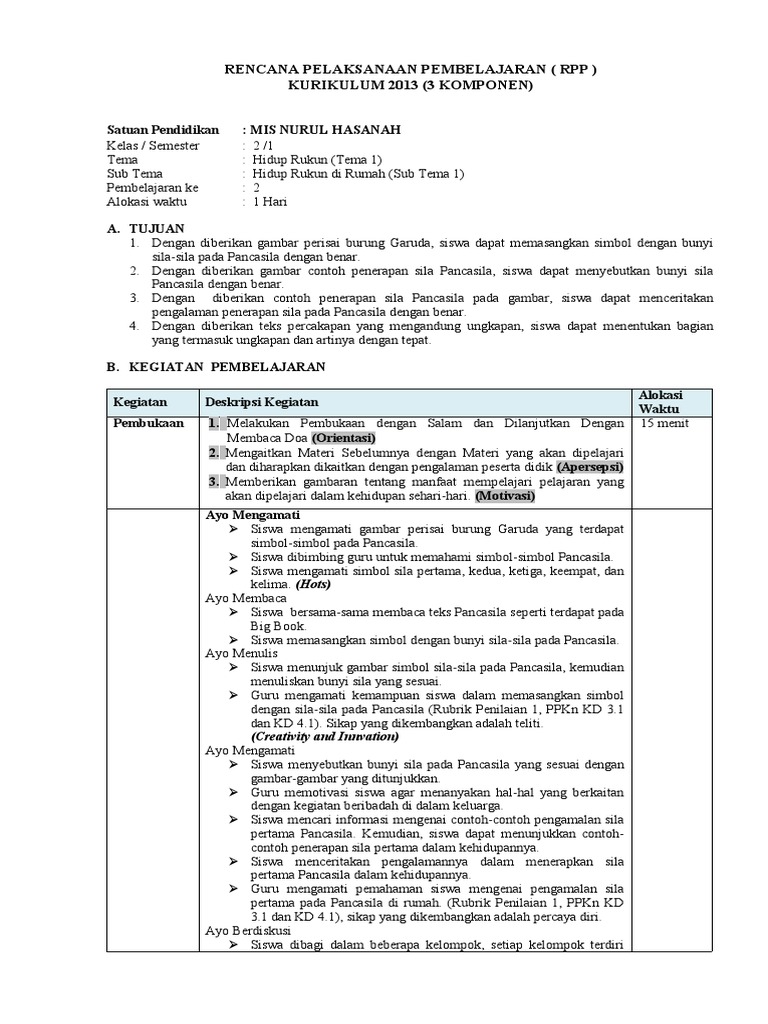 File RPP Kelas 2 Tema 1 Sub Tema 1 | PDF | Sains & Matematika
