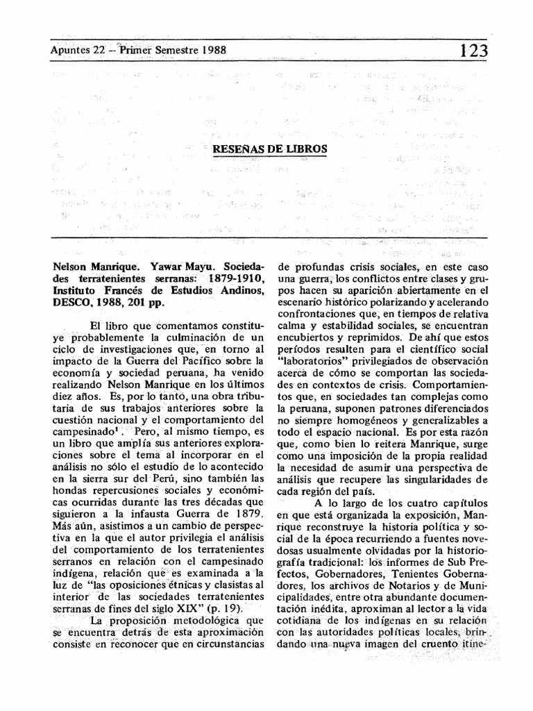 MANRIQUE Nelson 1988 Yawar Mayu Sociedad | PDF | Perú | Sociedad