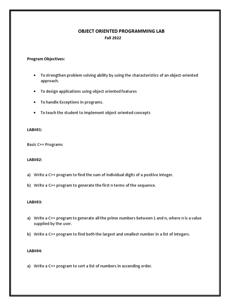 Lab Manual Oop C 2022f | PDF | C++ | Computer Program Lab Manual Oop C 2022f | PDF | C++ | Computer Program