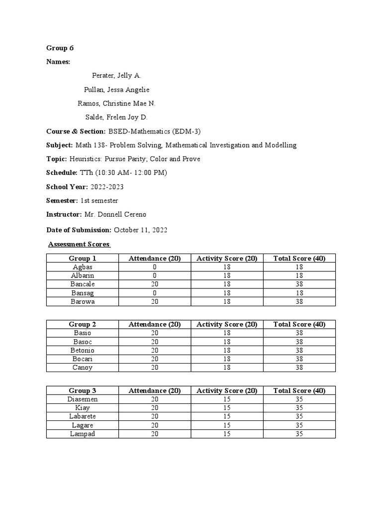 Math138 - Heuristics - Pursue Parity, Color & Prove - Assessment Scores ...