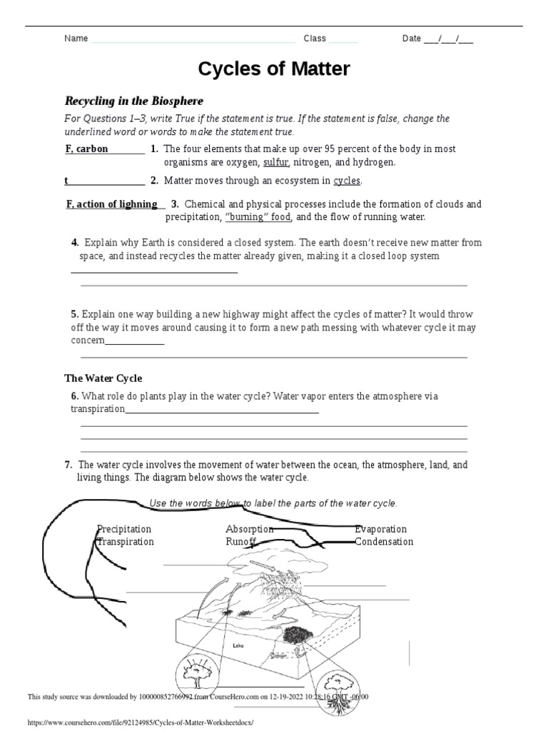 Cycles of Matter Worksheet | PDF | Water Cycle | Water