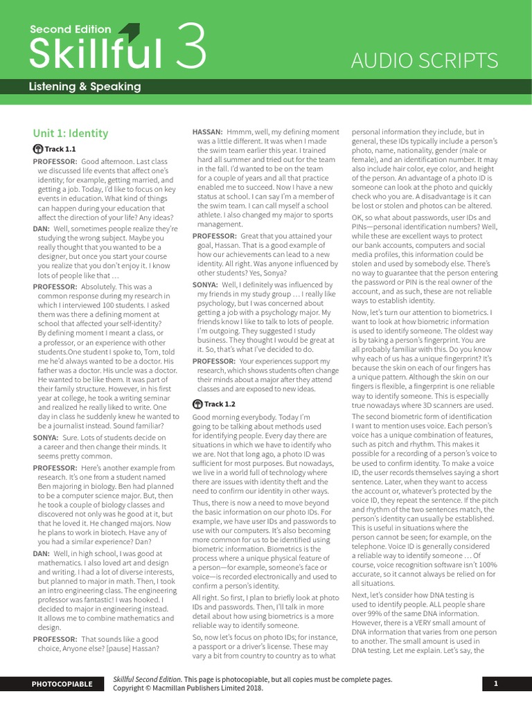 Sk2e - Level 3 Listening and Speaking - Audio Scripts-2 | PDF | Memory | Biometrics