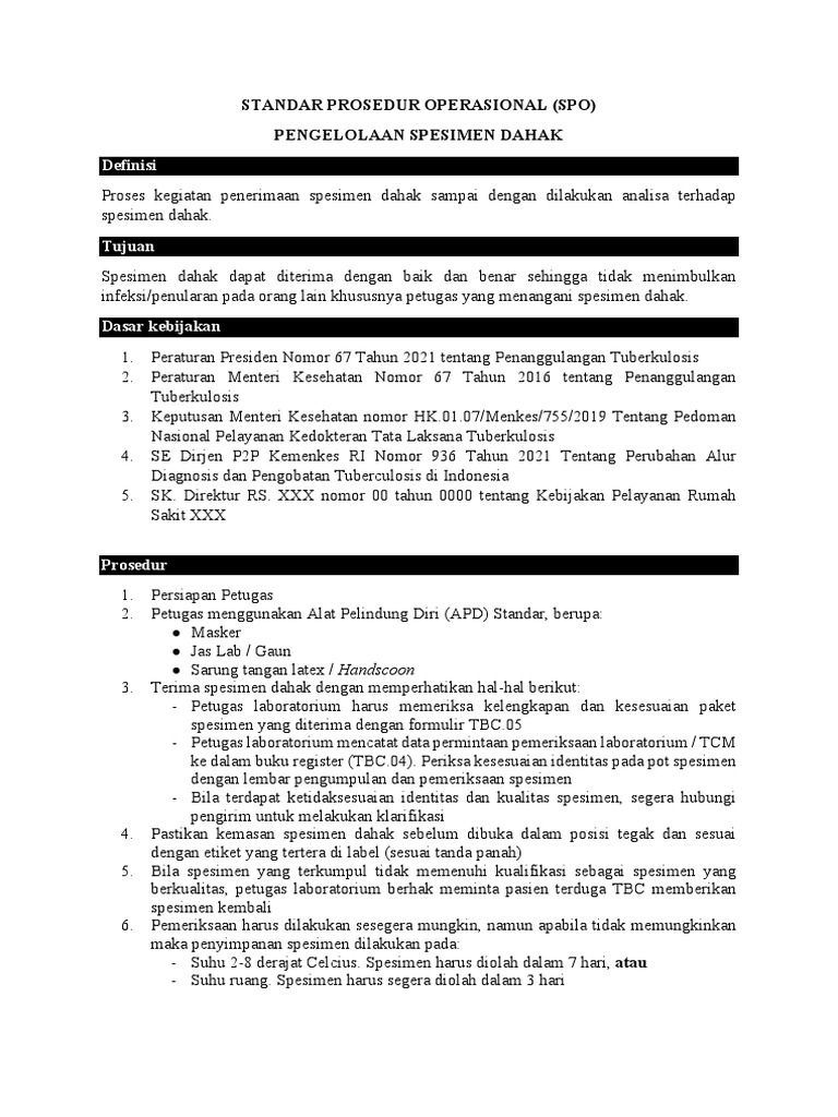 Contoh - SPO Pengelolaan Spesimen Dahak - Final (28.09.22) | PDF
