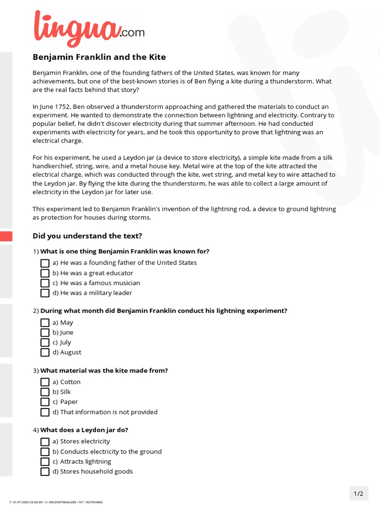 Franklin's Electric Kite Experiment | PDF | Lightning | Electricity