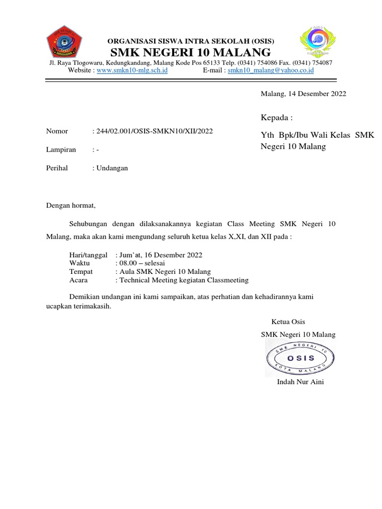 Undangan Technical Meeting Class Meeting | PDF