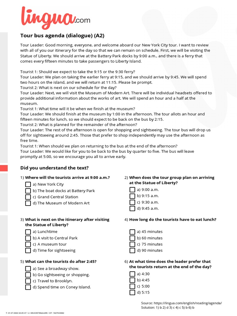 A2 Tour Bus Agenda (Dialogue) (A2) | Download Free PDF | Bus | Public Transport