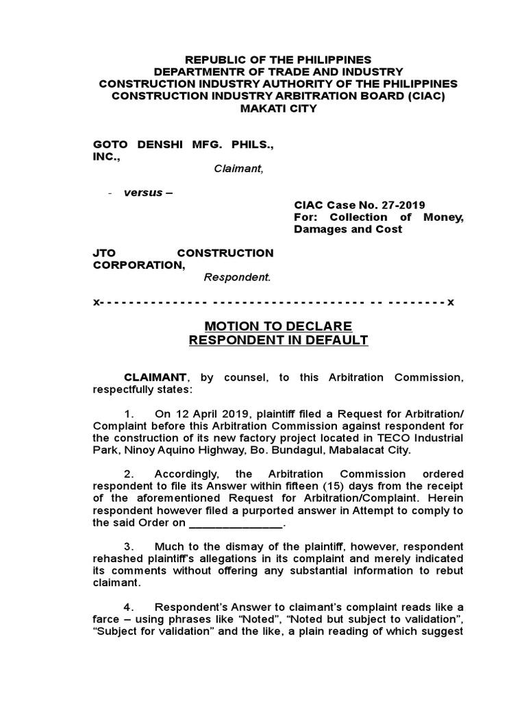 Motion To Declare Defendant in Default | PDF | Pleading | Lawsuit