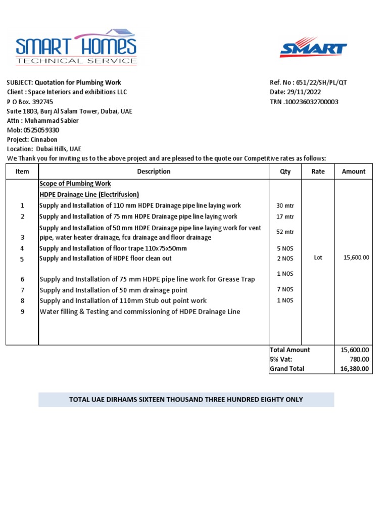QUOTATION FOR PLUMBING WORK - SPACE INTERIORS | PDF | Tools | Home