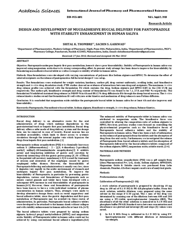Mucoadhesive Buccal Delivery of Pantoprazole | PDF | Tablet (Pharmacy ...